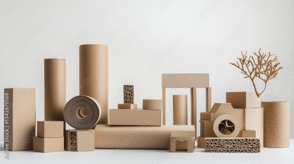 Poster Modern sustainable packaging display, structured composition of ...