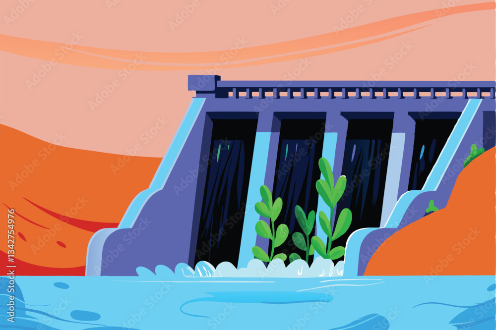 Poster A majestic hydroelectric dam with a functional fish ladder ...