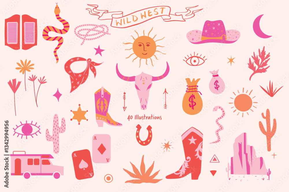 Poster Wild west cowgirl illustration clipart set in pink and red ...