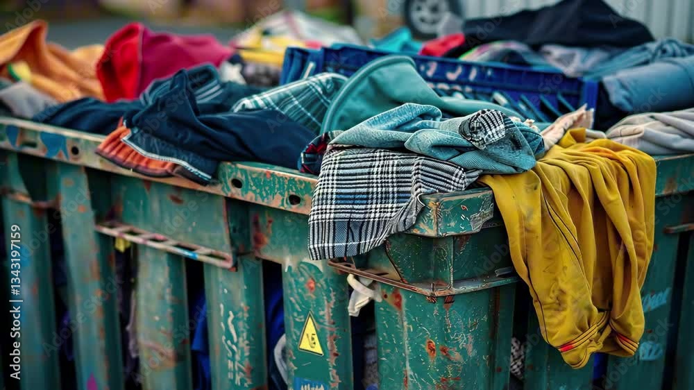 Overflowing dumpster filled with discarded clothes, highlighting ...