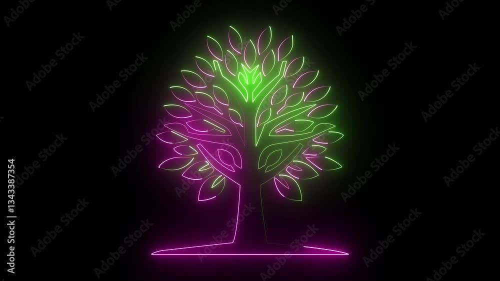 Neon Glowing Outline Tree Animation, Tree symbol, tree icon on Black ...