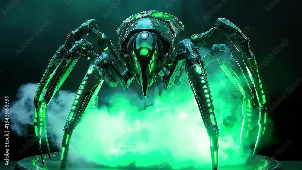 A 3D model of a giant spider with a glowing green body and spiked legs ...