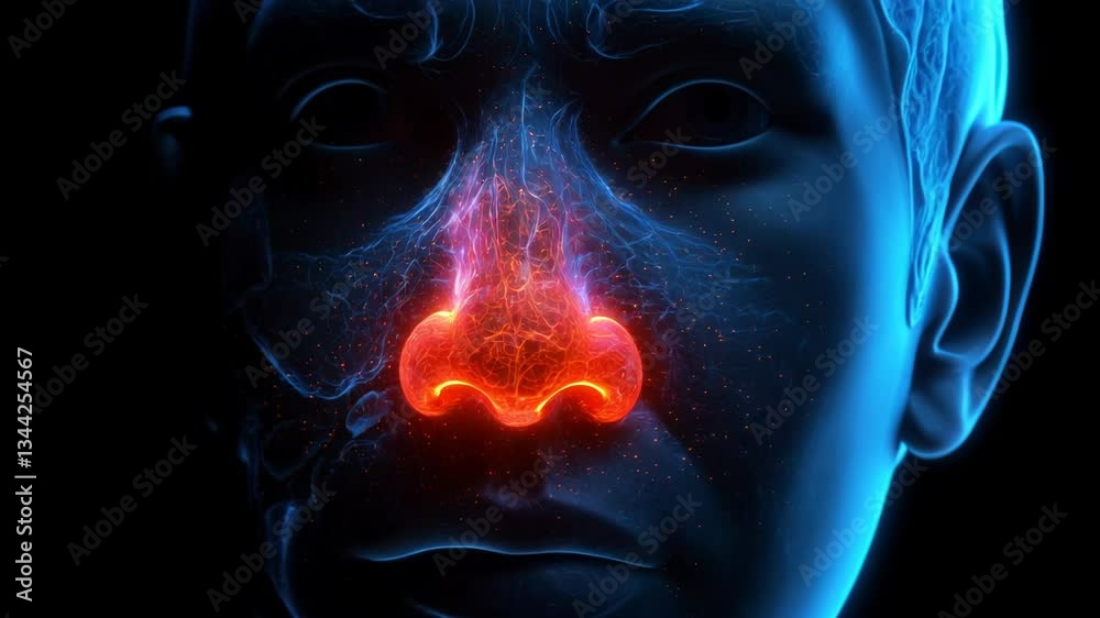3d medical illustration, human nose with glowing sinuses highlighting ...