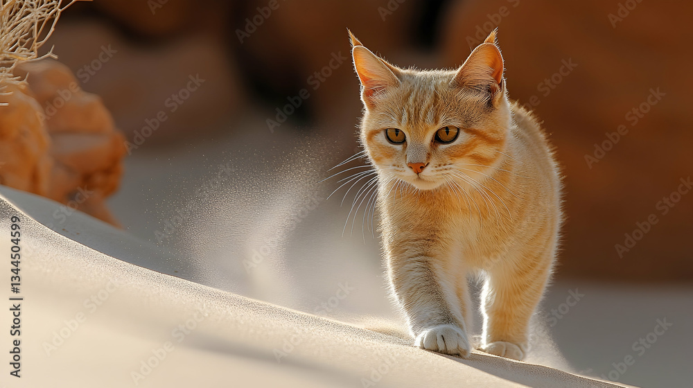 Poster Agile sand cat moves silently across desert dunes, its sandy fur ...
