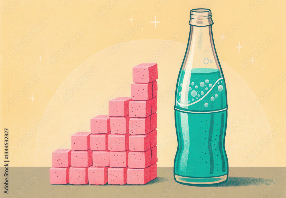 Poster Colorful illustration of a soda bottle and sugar cubes in a ...