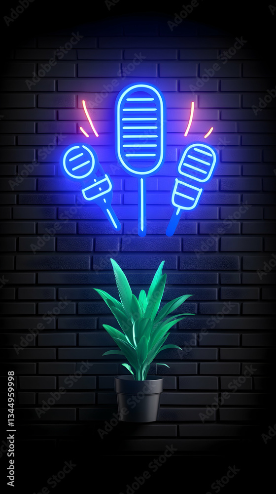 Poster Neon microphone signs above a potted plant against a brick wall ...