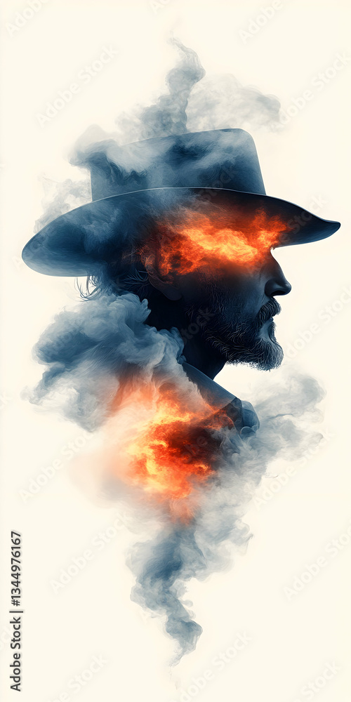 Profile of a Man Emerging from Smoke and Fire Stock Photo | Adobe Stock
