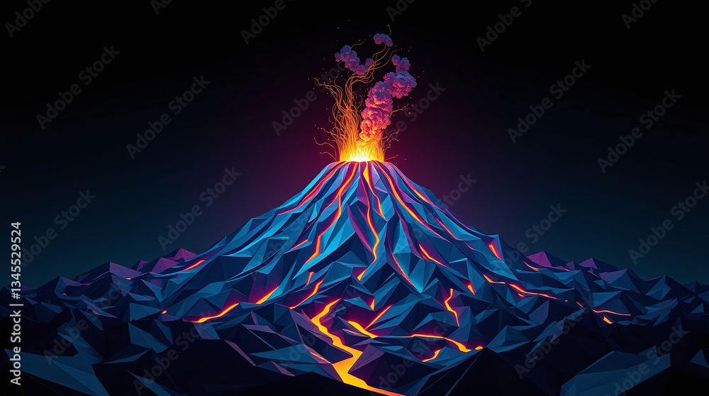 Cinematic volcano eruption at night rendered in cool colors. Intricate ...