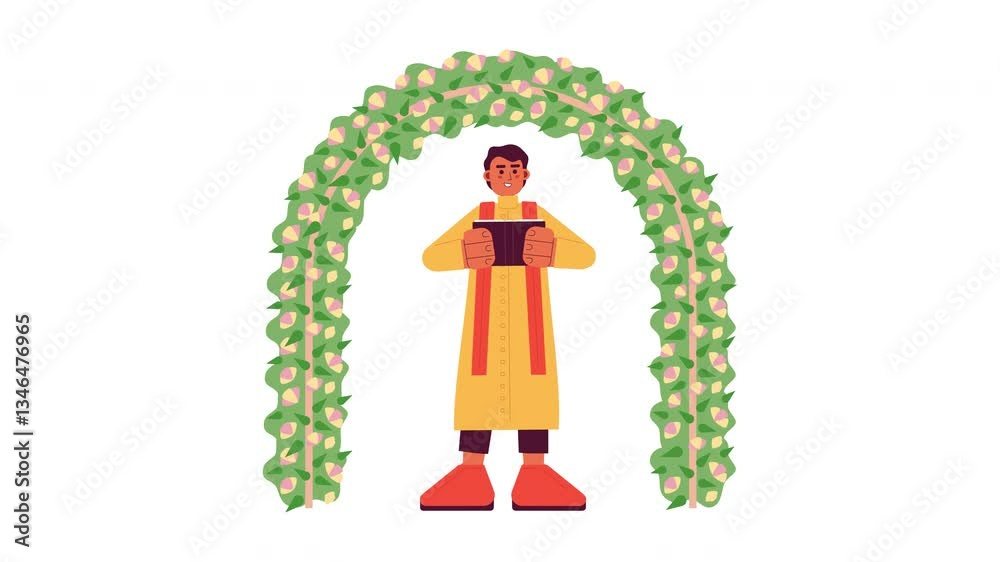 Hindu wedding officiant pandit conducting ceremony under floral arch 2D ...