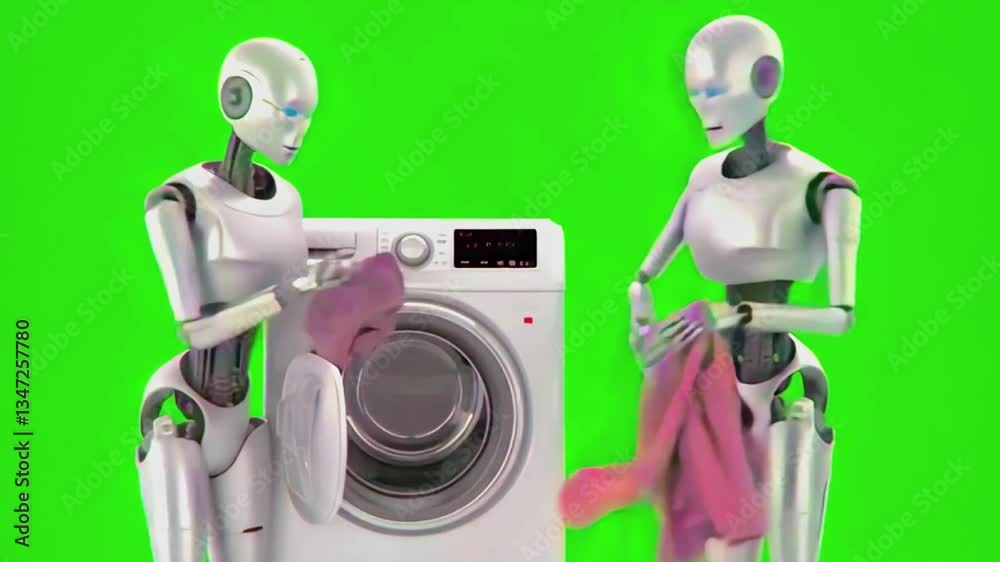 Futuristic humanoid robots handling laundry together, advanced AI ...