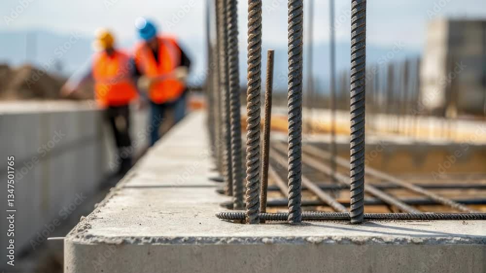 Construction workers walking across reinforced concrete foundation ...