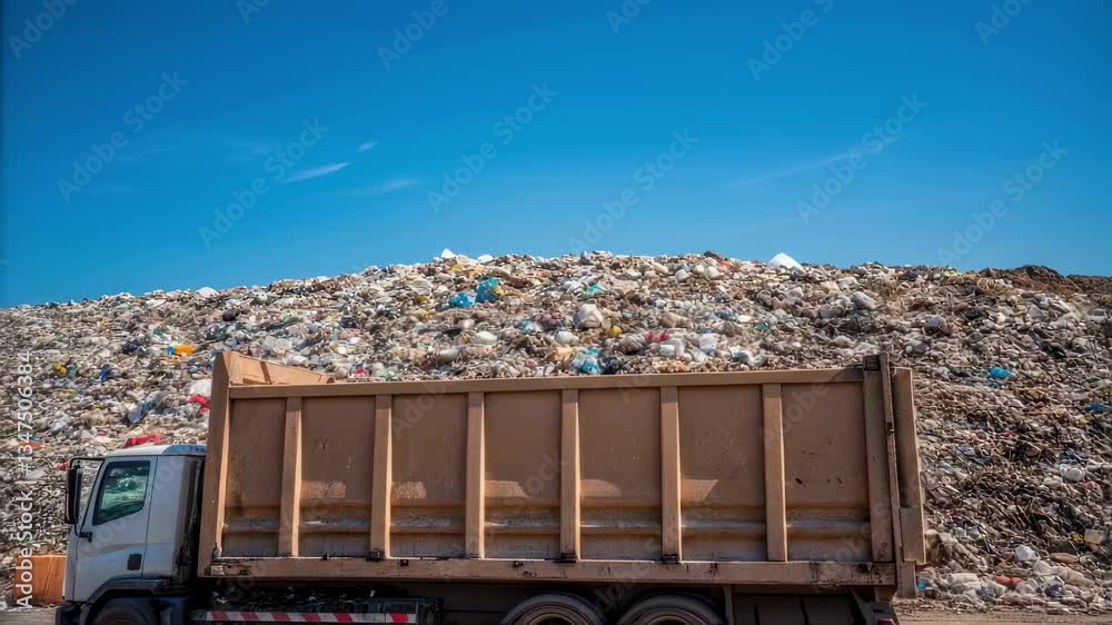 Garbage truck is unloading waste in a landfill, creating a large pile ...
