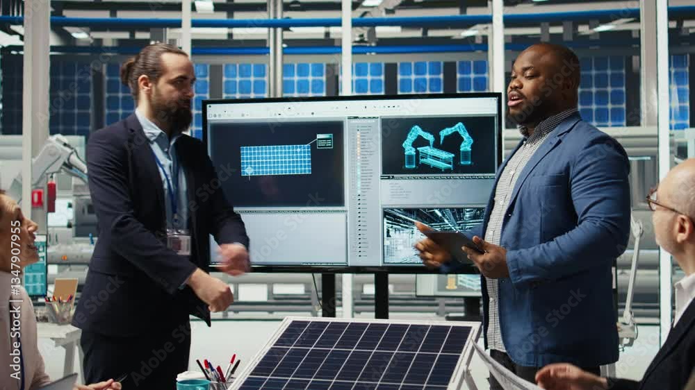 Solar panel factory manager shaking hands with investor interested in ...