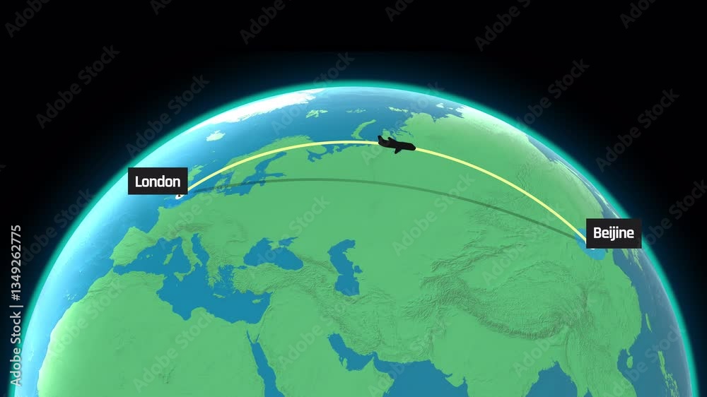 3D image illustrates a flight route from London to Beijing, with a ...