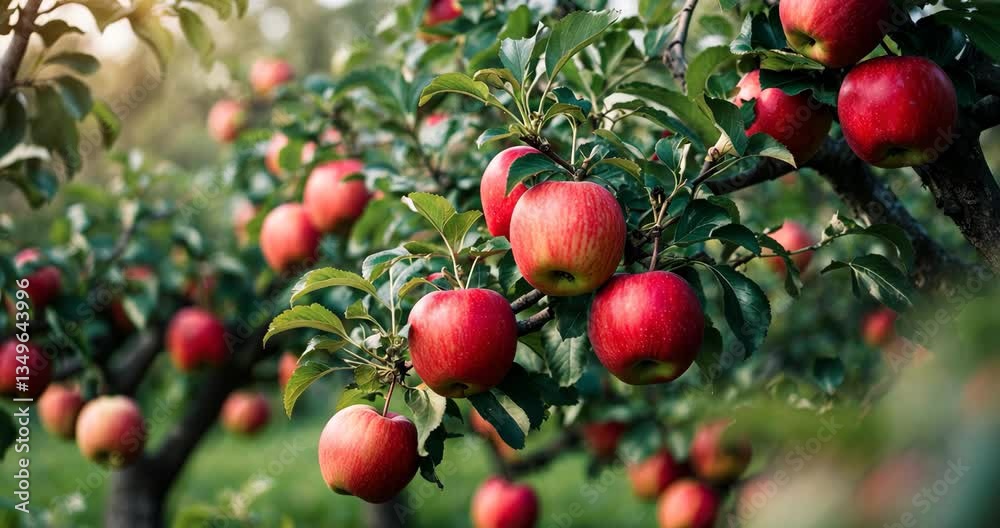 Apple trees bearing ripe red apples in the garden. Natural red apples ...