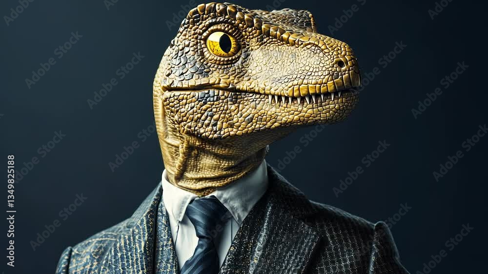 T-rex wearing suit and tie. Dark background with dinosaur with head. A ...