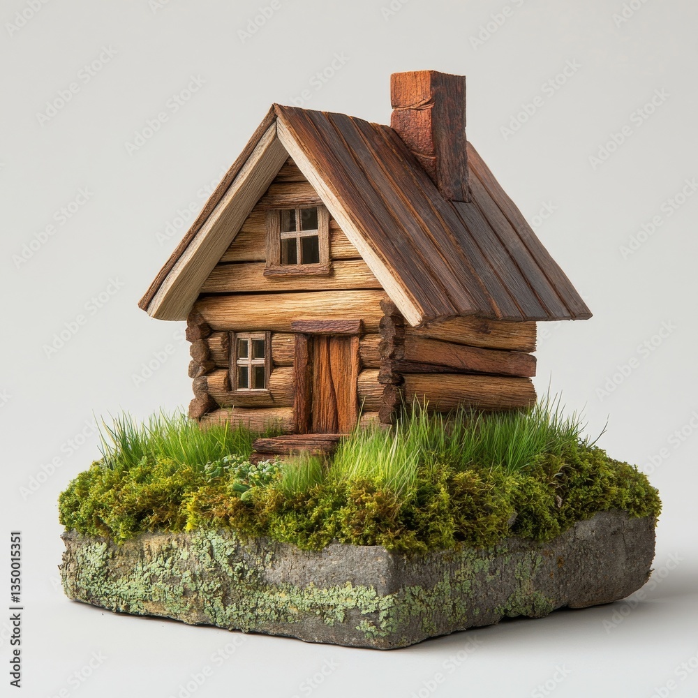 Poster Miniature Log Cabin Diorama on Mossy Stone Base, Charming Rustic ...