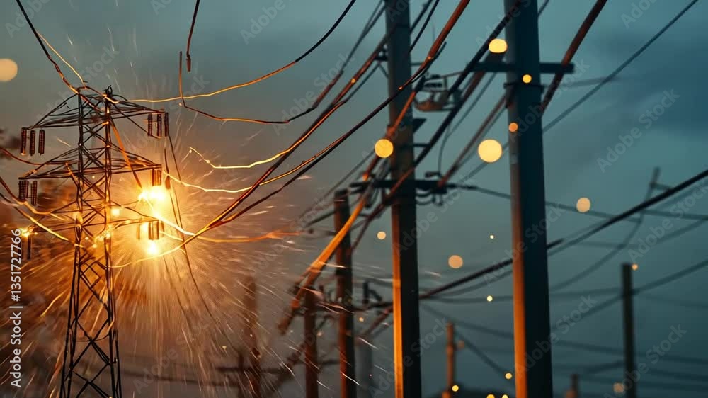 Electric Transmission Tower Sparking with Energy, High Voltage Power ...