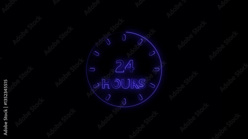24 hours service icon neon bright blue color animation. 24 hours clock ...