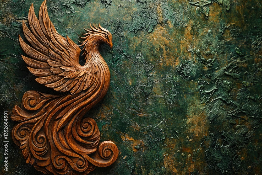Poster Intricate wooden carving of a phoenix, rich in detail and ...