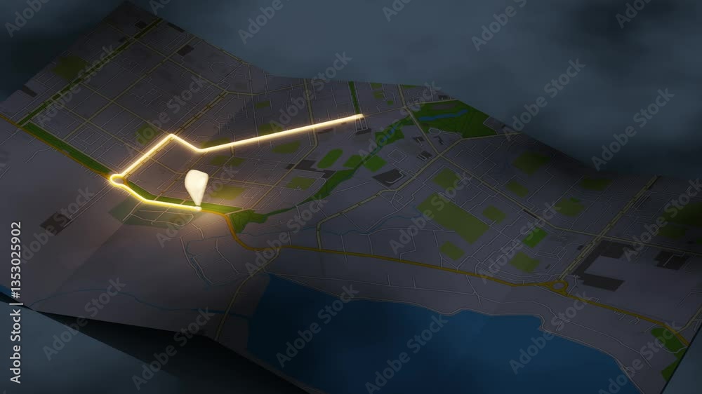 Glowing pointer movement on folded paper location map with city streets ...