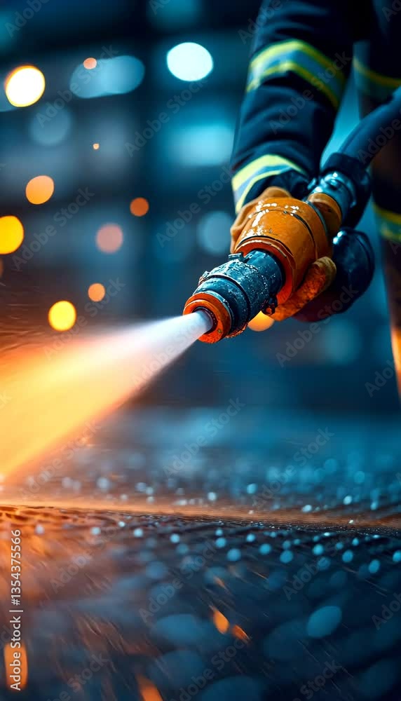 A fire hose is shown spraying water, with sparks flying, highlighting a ...