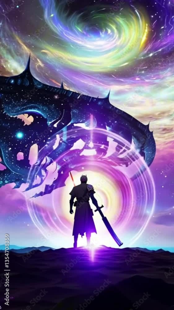 vertical 9:16 A lone cosmic samurai, wielding a katana forged from ...