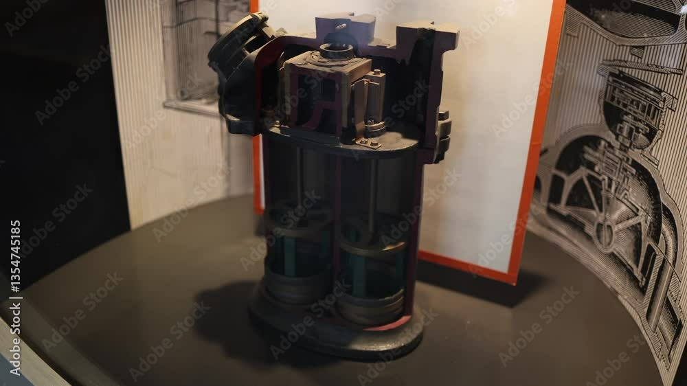 Cutaway model of an old industrial machine shows internal pistons and ...