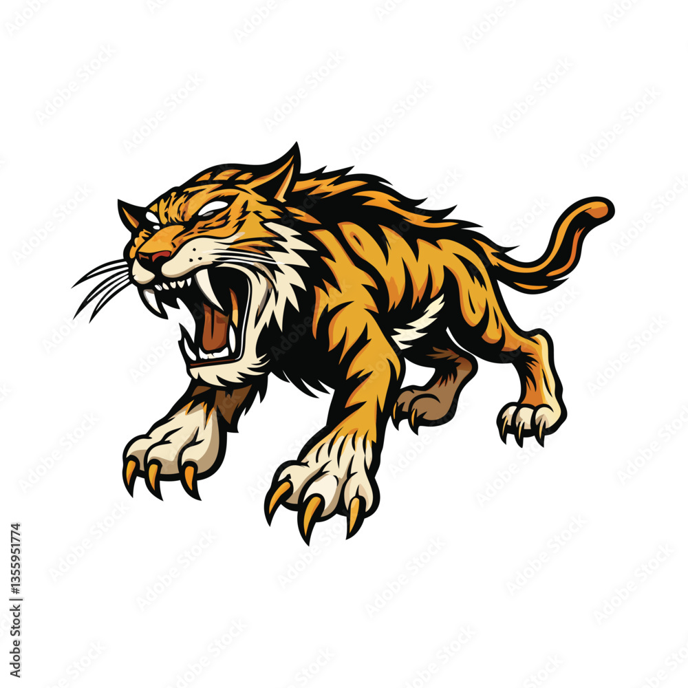 Poster A dynamic illustration of a Smilodon fatalis, saber-toothed cat ...