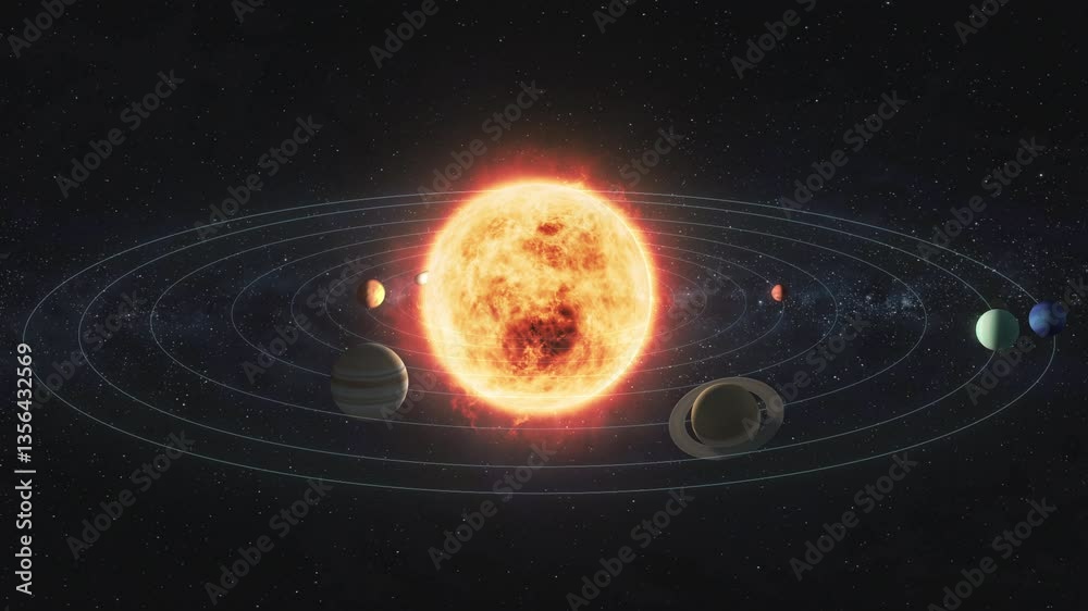 Solar system model. The Sun and planets, with relative proportions of ...