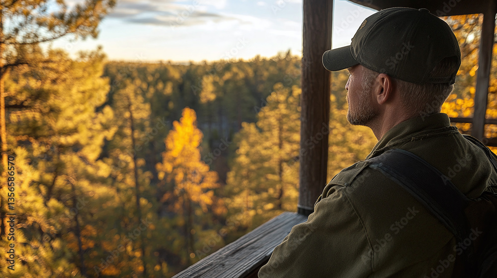 Poster Forest ranger looking out over a pine forest from a fire ...