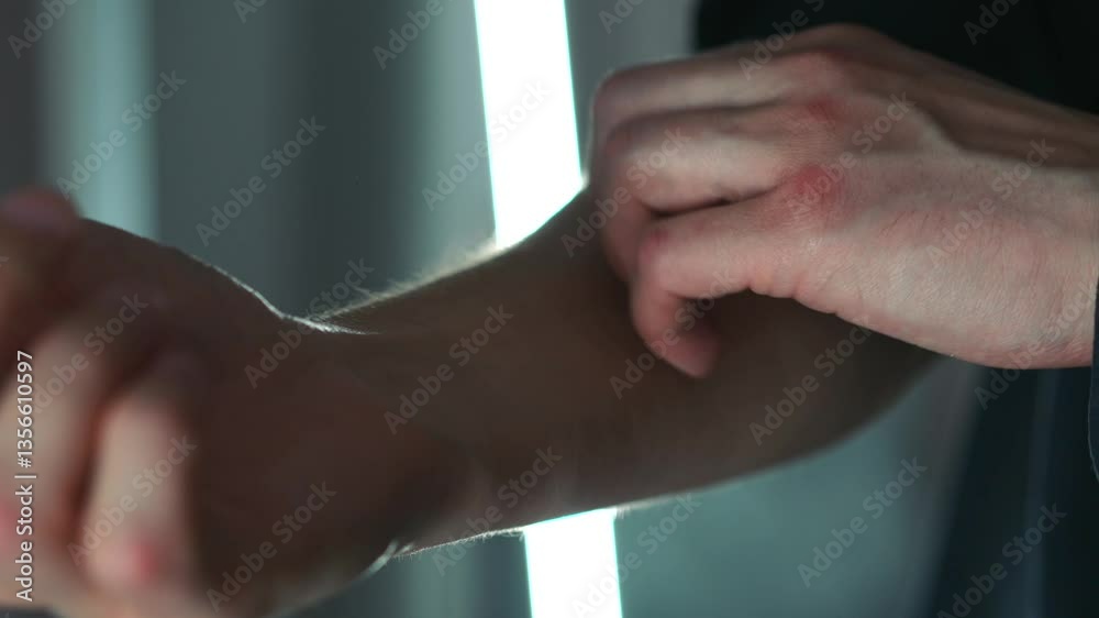 Itching on human skin. Man scratching his hand close-up. Dermatitis on ...