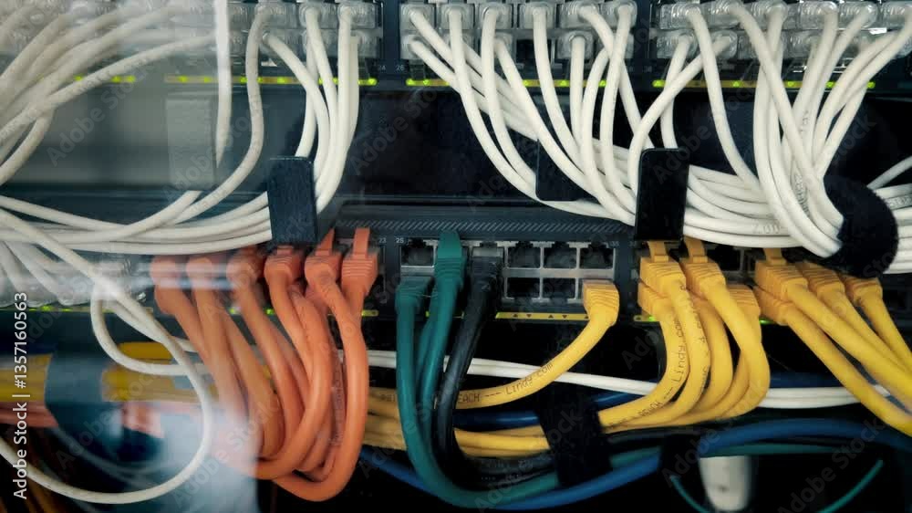 Stockvideon Server racks with white, yellow and orange internet patch ...