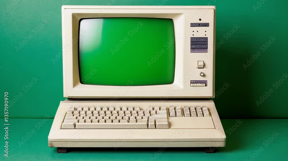 Vintage computer with green screen on a solid color background ...