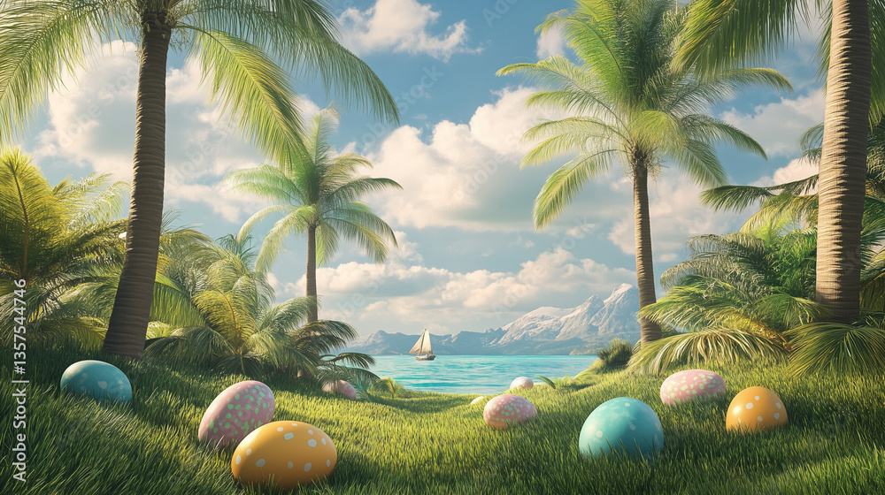 Poster A tropical Easter scene with eggs hidden among palm trees – Wall ...