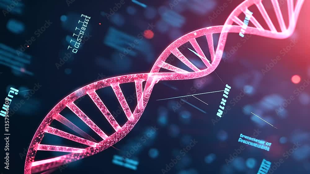 A vector-based scientific illustration of a DNA helix with floating ...