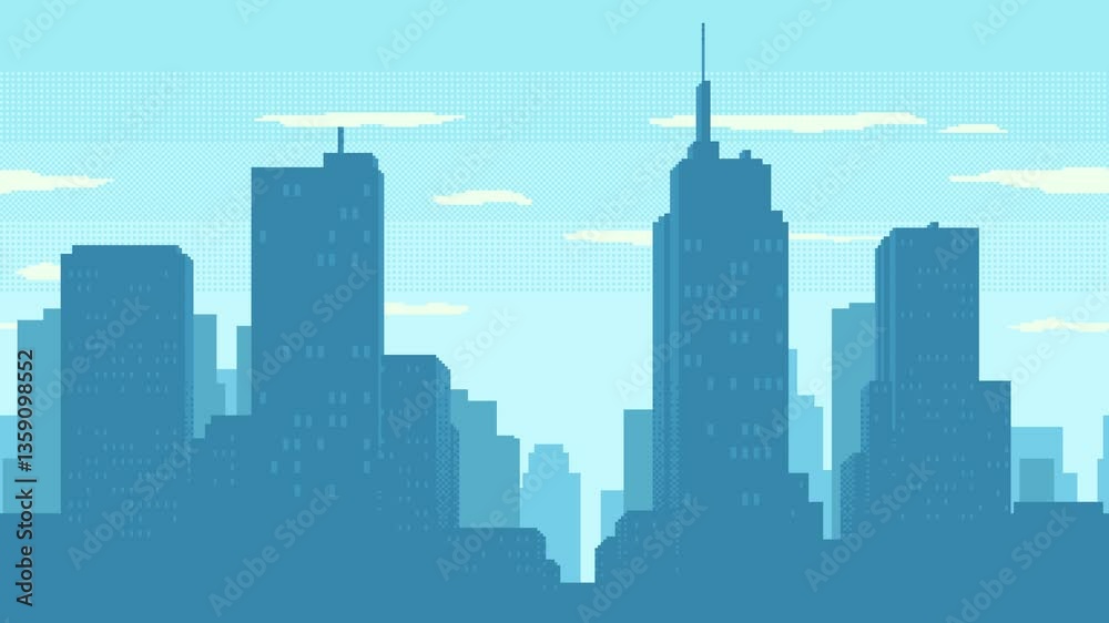 Day time cityscape animated pixel art. High buildings silhouette and ...