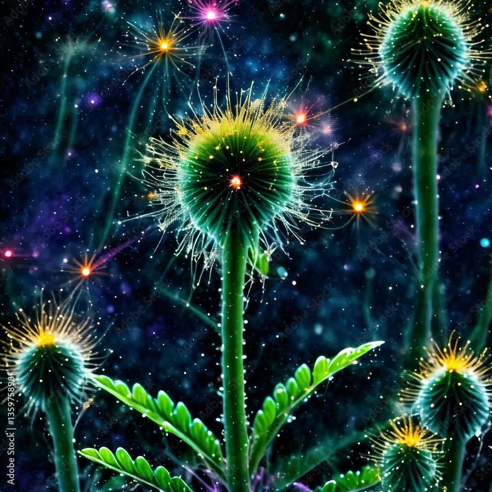 vibrant psychedelic weed animation, cosmic weed plant with dewdrops ...