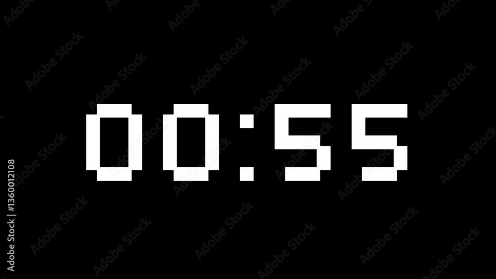 1 Minute Pixelated Countdown Timer Retro Digital Clock Black Screen Overlay 60 Second