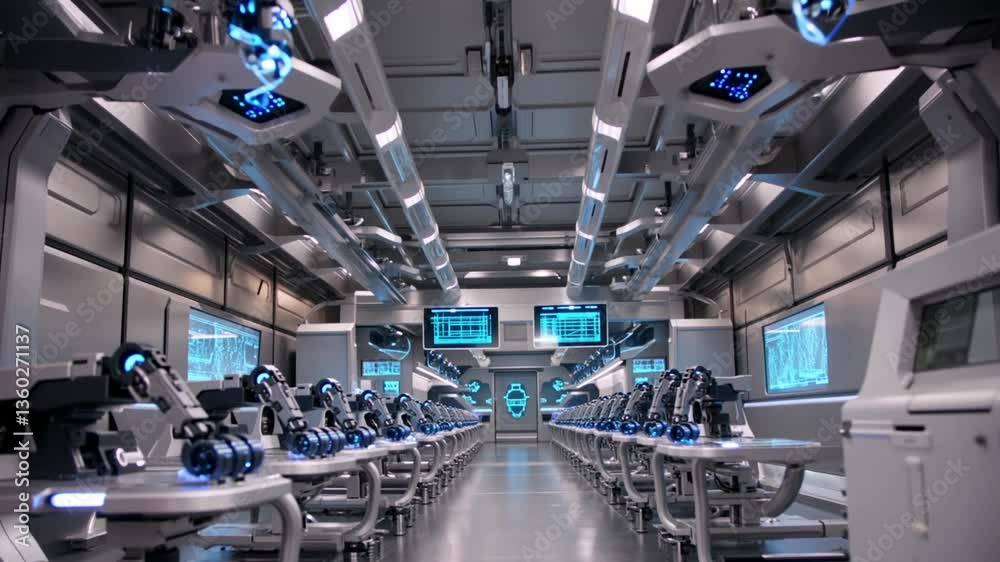 This video depicts a futuristic, high-tech laboratory or control room ...