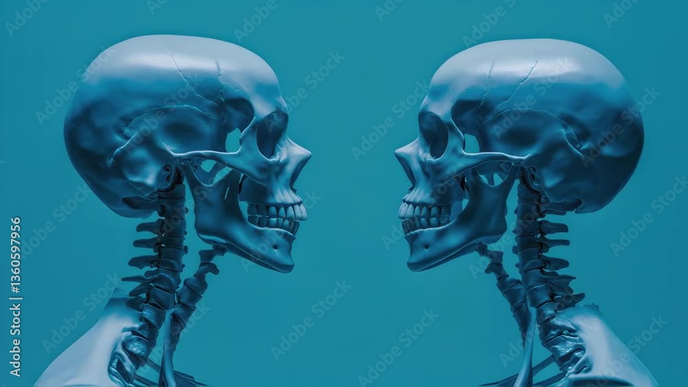 Two detailed skeleton models face each other against a blue background ...