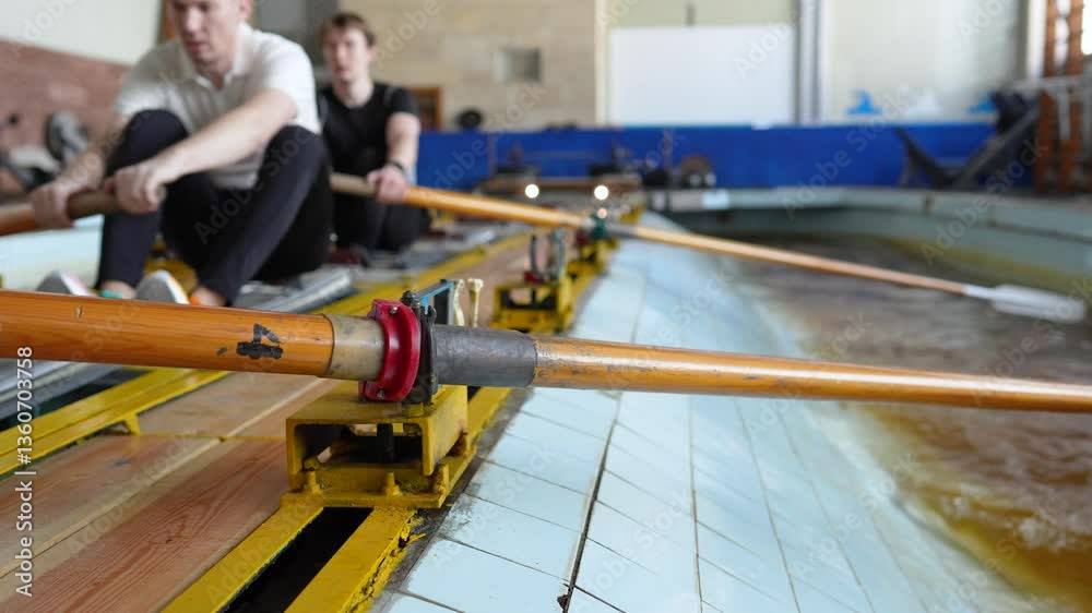 Synchronized athletes training for rowing competition indoors. Group of ...