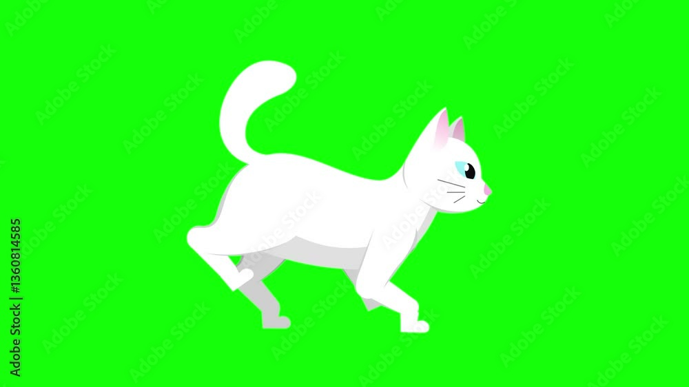 Green screen cat animation. White cat walking animation. Side view ...