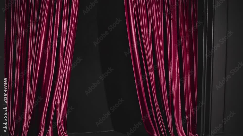 A video frame shows red velvet curtains slightly parted, revealing a ...