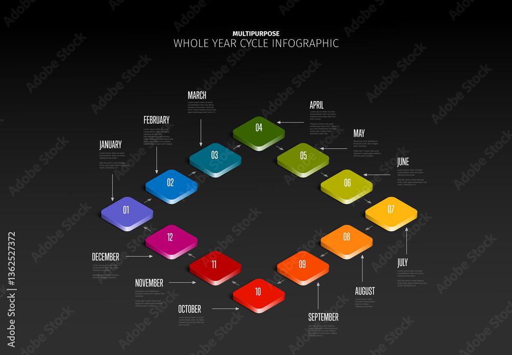 Colorful dark Whole Year Cycle Infographic with months as 3D blocks for ...