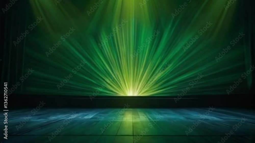 A bright green light flashes on the stage, diverging in rays through ...