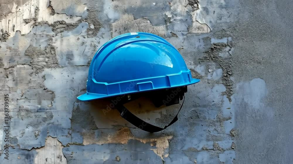 Blue construction helmet resting on a textured concrete wall, showing ...
