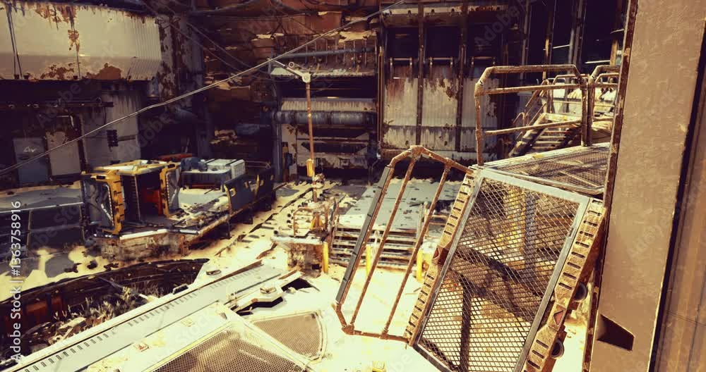 An abandoned industrial site displays rusting equipment and crumbling ...