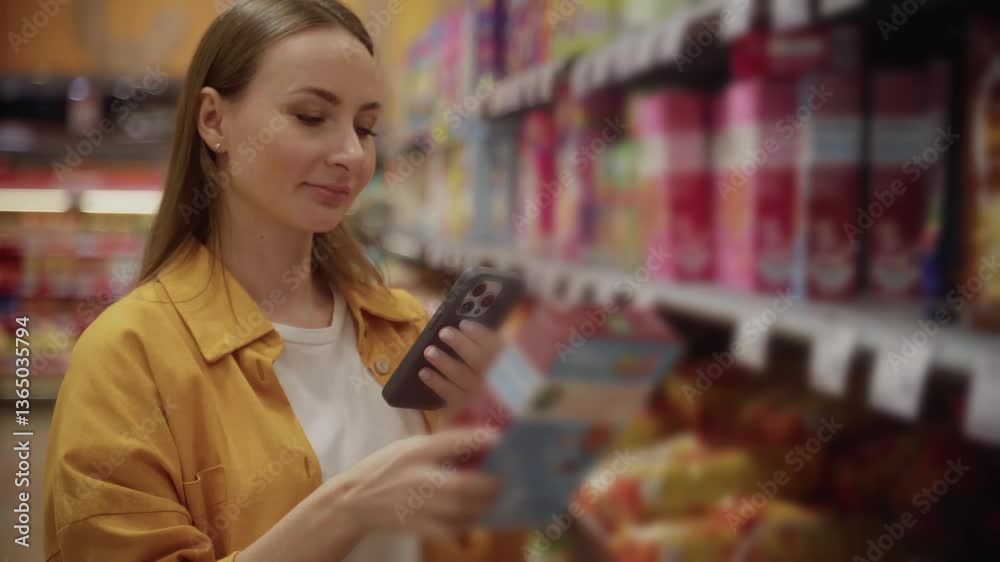 A woman stands in a grocery store and scans cornflakes with her device ...