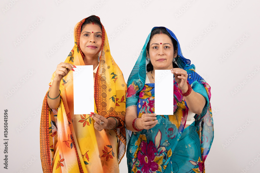 Poster Two indian rural women holding aadhar card on white – Wall Art ...
